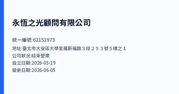 永恆之光顧問有限公司的照片-統編 62151973(臺北市) 公司登記資料與營業項目詳細圖表