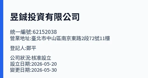 昱鋮投資有限公司的照片-統編 62152038(臺北市) 公司登記資料與營業項目詳細圖表