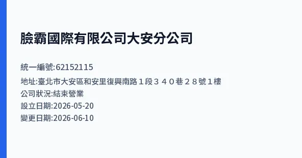 臉霸國際有限公司大安分公司的照片-統編 62152115(臺北市) 公司登記資料與營業項目詳細圖表