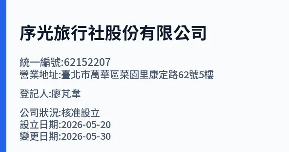 序光旅行社股份有限公司的照片-統編 62152207(臺北市) 公司登記資料與營業項目詳細圖表