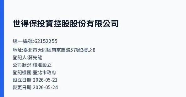 世得保投資控股股份有限公司的照片-統編 62152255(臺北市) 公司登記資料與營業項目詳細圖表