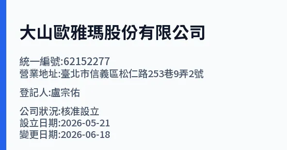 大山歐雅瑪股份有限公司的照片-統編 62152277(臺北市) 公司登記資料與營業項目詳細圖表
