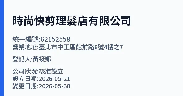 時尚快剪理髮店有限公司的照片-統編 62152558(臺北市) 公司登記資料與營業項目詳細圖表