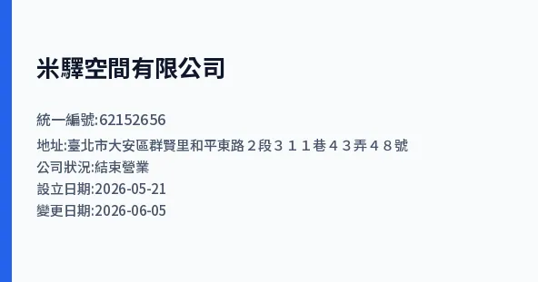 米驛空間有限公司的照片-統編 62152656(臺北市) 公司登記資料與營業項目詳細圖表