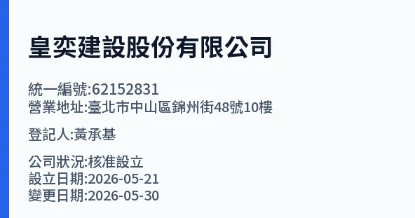 皇奕建設股份有限公司的照片-統編 62152831(臺北市) 公司登記資料與營業項目詳細圖表