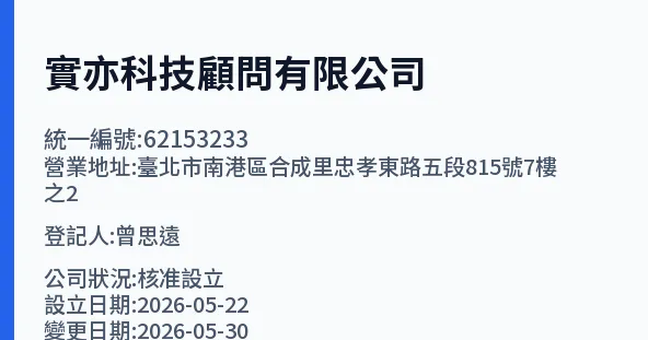 實亦科技顧問有限公司的照片-統編 62153233(臺北市) 公司登記資料與營業項目詳細圖表