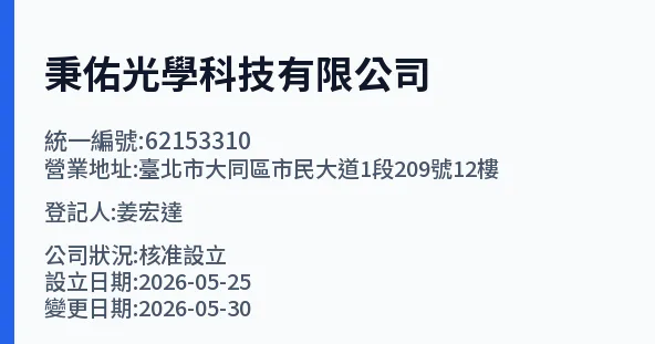 秉佑光學科技有限公司的照片-統編 62153310(臺北市) 公司登記資料與營業項目詳細圖表