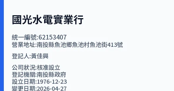 國光水電實業行的照片-統編 62153407(南投縣) 公司登記資料與營業項目詳細圖表