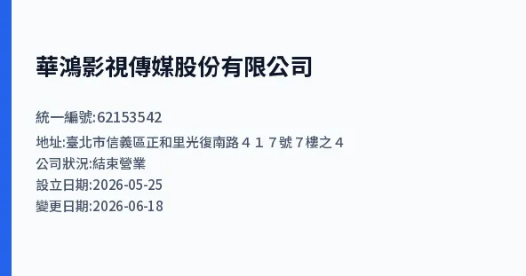 華鴻影視傳媒股份有限公司的照片-統編 62153542(臺北市) 公司登記資料與營業項目詳細圖表