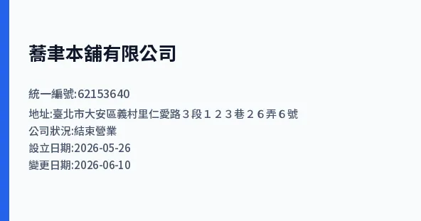 蕎聿本舖有限公司的照片-統編 62153640(臺北市) 公司登記資料與營業項目詳細圖表