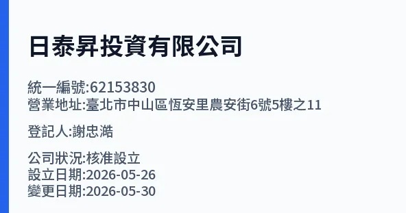 日泰昇投資有限公司的照片-統編 62153830(臺北市) 公司登記資料與營業項目詳細圖表