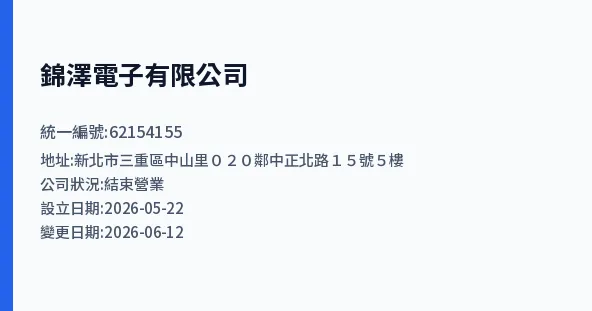 錦澤電子有限公司的照片-統編 62154155(新北市) 公司登記資料與營業項目詳細圖表