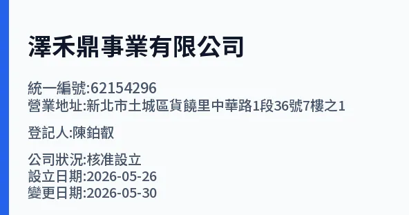 澤禾鼎事業有限公司的照片-統編 62154296(新北市) 公司登記資料與營業項目詳細圖表