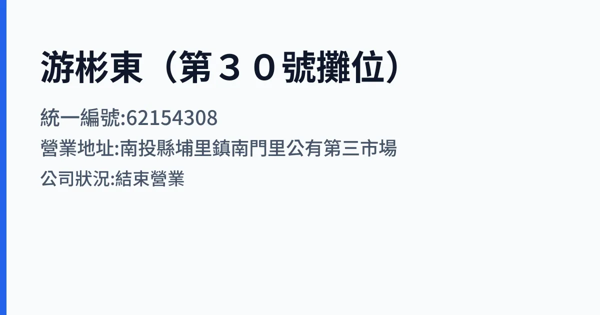 游彬東(第30號攤位) - 統編 62154308(南投縣) 公司登記資料與營業項目詳細圖表