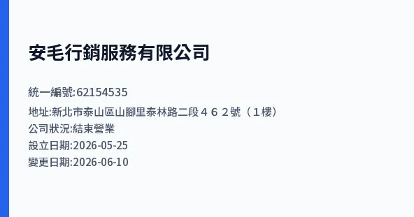 安毛行銷服務有限公司的照片-統編 62154535(新北市) 公司登記資料與營業項目詳細圖表