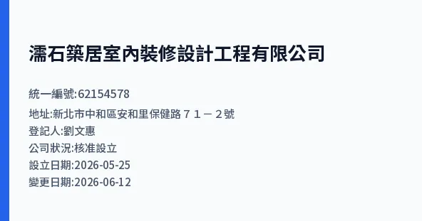 濡石築居室內裝修設計工程有限公司的照片-統編 62154578(新北市) 公司登記資料與營業項目詳細圖表