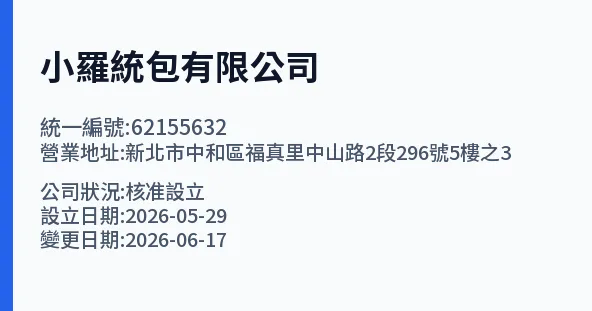 小羅統包有限公司的照片-統編 62155632(新北市) 公司登記資料與營業項目詳細圖表