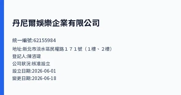 丹尼爾娛樂企業有限公司的照片-統編 62155984(新北市) 公司登記資料與營業項目詳細圖表