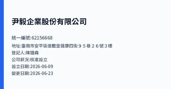 尹毅企業股份有限公司的照片-統編 62156668(臺南市) 公司登記資料與營業項目詳細圖表