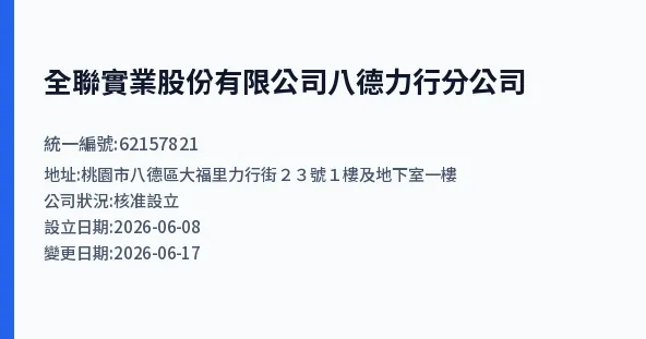 全聯實業股份有限公司八德力行分公司的照片-統編 62157821(桃園市) 公司登記資料與營業項目詳細圖表