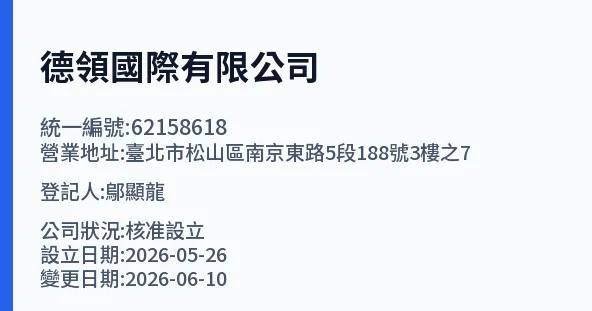 德領國際有限公司的照片-統編 62158618(臺北市) 公司登記資料與營業項目詳細圖表