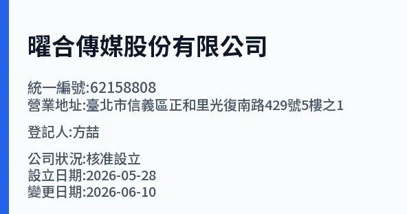 曜合傳媒股份有限公司的照片-統編 62158808(臺北市) 公司登記資料與營業項目詳細圖表