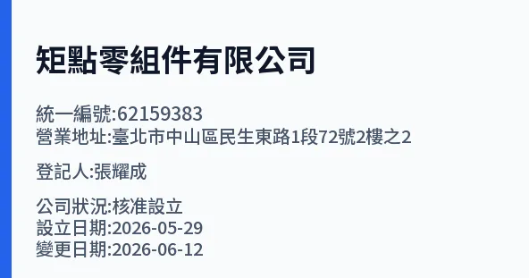 矩點零組件有限公司的照片-統編 62159383(臺北市) 公司登記資料與營業項目詳細圖表