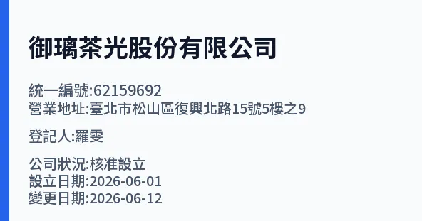 御璃茶光股份有限公司的照片-統編 62159692(臺北市) 公司登記資料與營業項目詳細圖表
