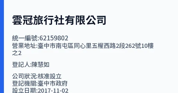 雲冠旅行社有限公司的照片-統編 62159802(臺中市) 公司登記資料與營業項目詳細圖表