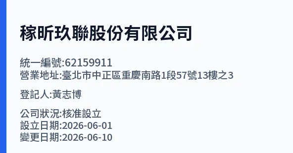 稼昕玖聯股份有限公司的照片-統編 62159911(臺北市) 公司登記資料與營業項目詳細圖表
