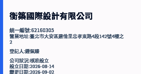衡築國際設計有限公司的照片-統編 62160305(臺北市) 公司登記資料與營業項目詳細圖表
