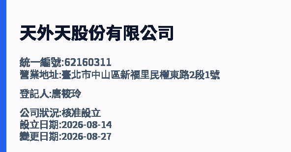 天外天股份有限公司的照片-統編 62160311(臺北市) 公司登記資料與營業項目詳細圖表