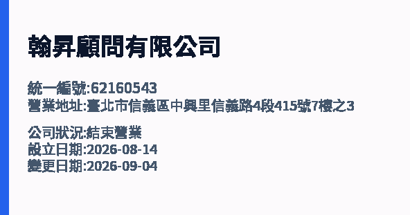 翰昇顧問有限公司的照片-統編 62160543(臺北市) 公司登記資料與營業項目詳細圖表