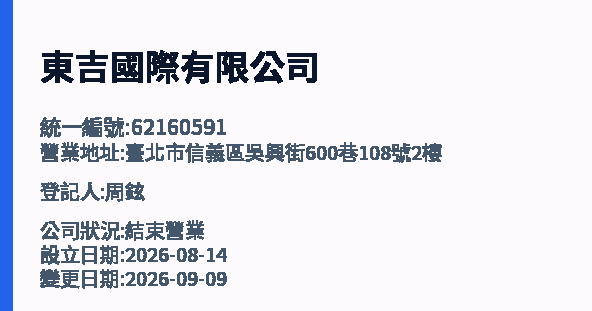 東吉國際有限公司的照片-統編 62160591(臺北市) 公司登記資料與營業項目詳細圖表