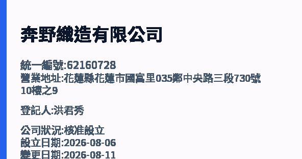 奔野織造有限公司的照片-統編 62160728(花蓮縣) 公司登記資料與營業項目詳細圖表