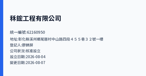 秝鋐工程有限公司的照片-統編 62160950(彰化縣) 公司登記資料與營業項目詳細圖表