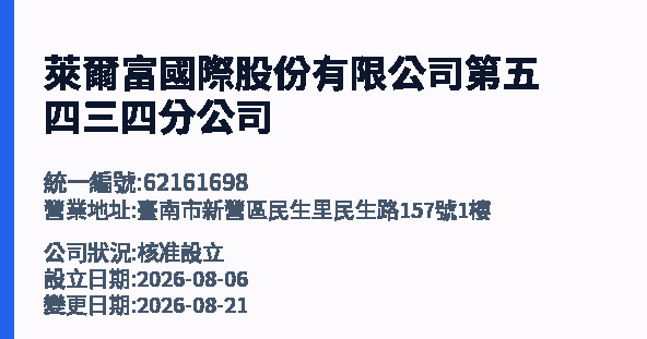 萊爾富國際股份有限公司第五四三四分公司的照片-統編 62161698(臺南市) 公司登記資料與營業項目詳細圖表