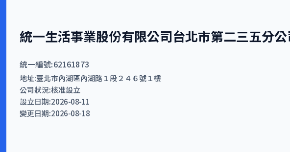 統一生活事業股份有限公司台北市第二三五分公司的照片-統編 62161873(臺北市) 公司登記資料與營業項目詳細圖表