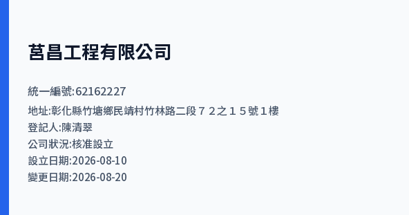莒昌工程有限公司的照片-統編 62162227(彰化縣) 公司登記資料與營業項目詳細圖表
