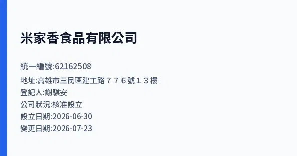 米家香食品有限公司的照片-統編 62162508(高雄市) 公司登記資料與營業項目詳細圖表