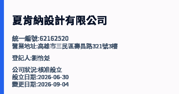夏肯納設計有限公司的照片-統編 62162520(高雄市) 公司登記資料與營業項目詳細圖表