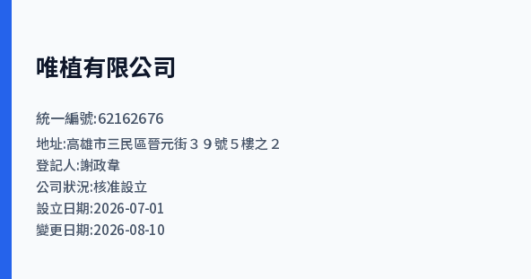 唯植有限公司的照片-統編 62162676(高雄市) 公司登記資料與營業項目詳細圖表