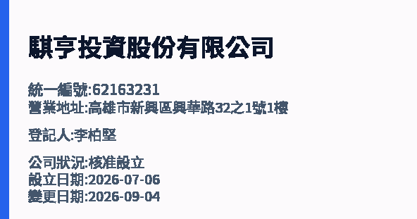 騏亨投資股份有限公司的照片-統編 62163231(高雄市) 公司登記資料與營業項目詳細圖表