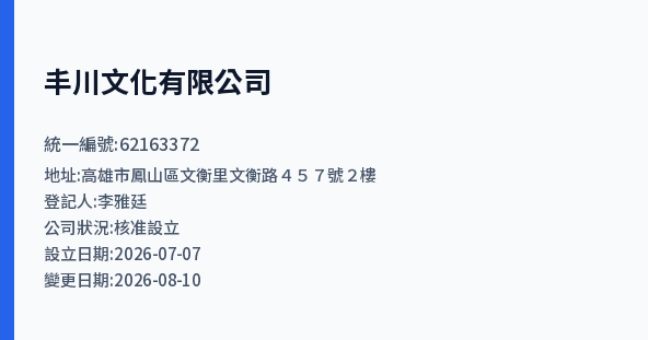 丰川文化有限公司的照片-統編 62163372(高雄市) 公司登記資料與營業項目詳細圖表