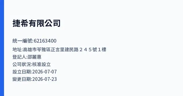 捷希有限公司的照片-統編 62163400(高雄市) 公司登記資料與營業項目詳細圖表