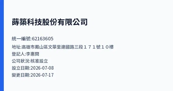 蒔築科技股份有限公司的照片-統編 62163605(高雄市) 公司登記資料與營業項目詳細圖表