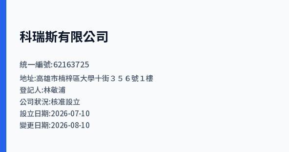 科瑞斯有限公司的照片-統編 62163725(高雄市) 公司登記資料與營業項目詳細圖表
