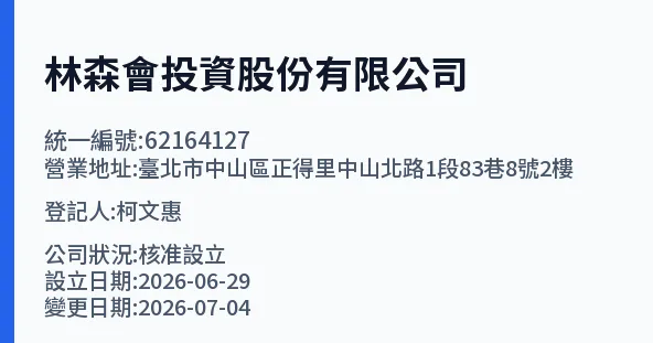 林森會投資股份有限公司的照片-統編 62164127(臺北市) 公司登記資料與營業項目詳細圖表