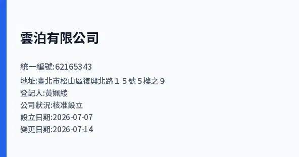 雲泊有限公司的照片-統編 62165343(臺北市) 公司登記資料與營業項目詳細圖表