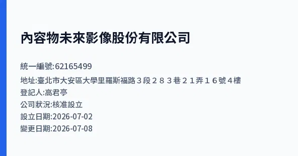 內容物未來影像股份有限公司的照片-統編 62165499(臺北市) 公司登記資料與營業項目詳細圖表